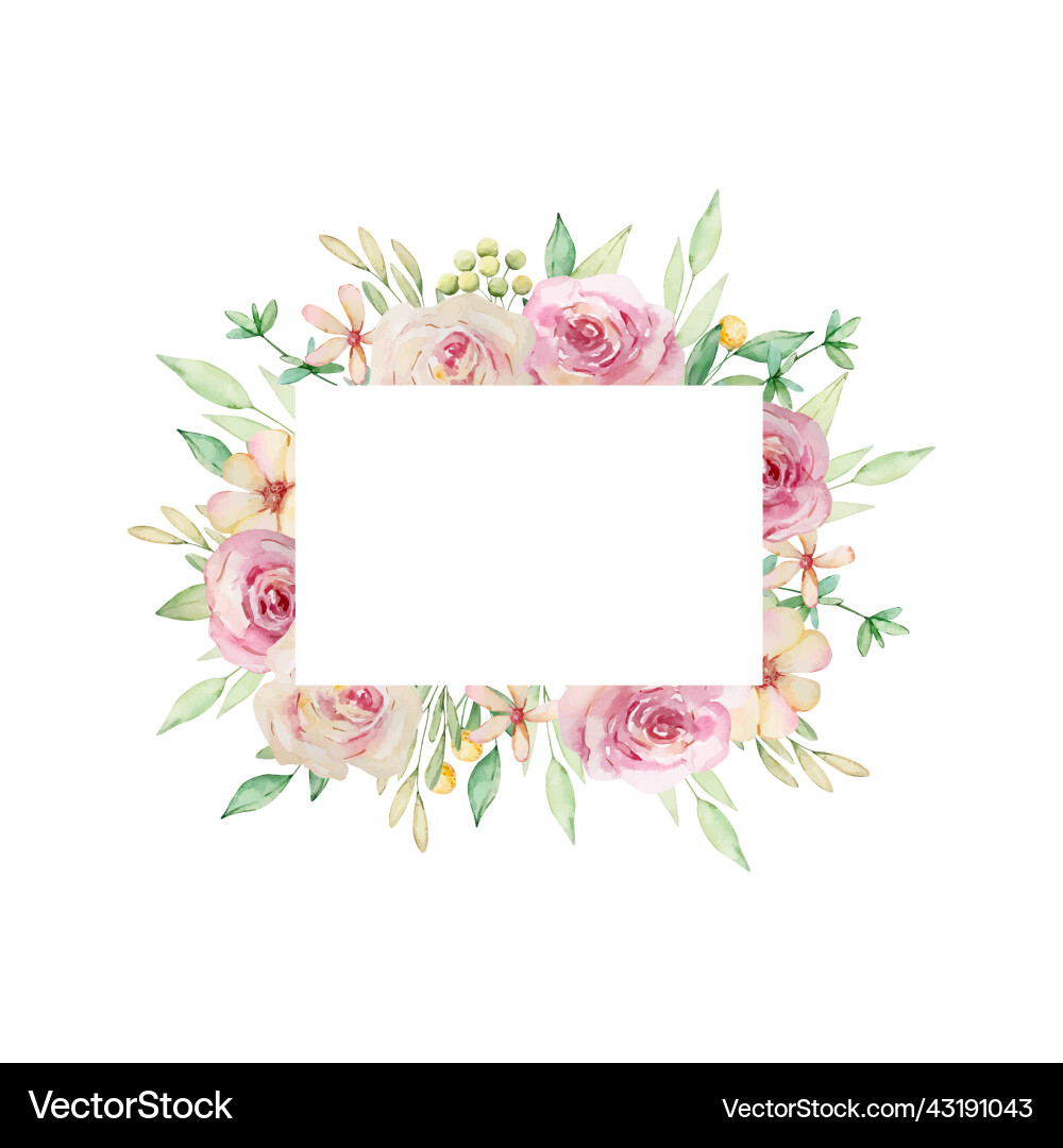 Watercolor rectangular floral frame of pink roses Vector Image