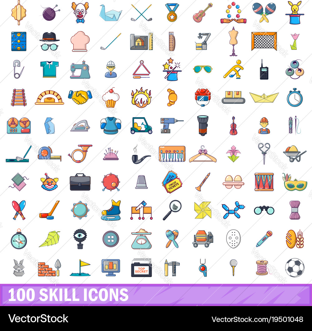 100 skill icons set cartoon style Royalty Free Vector Image