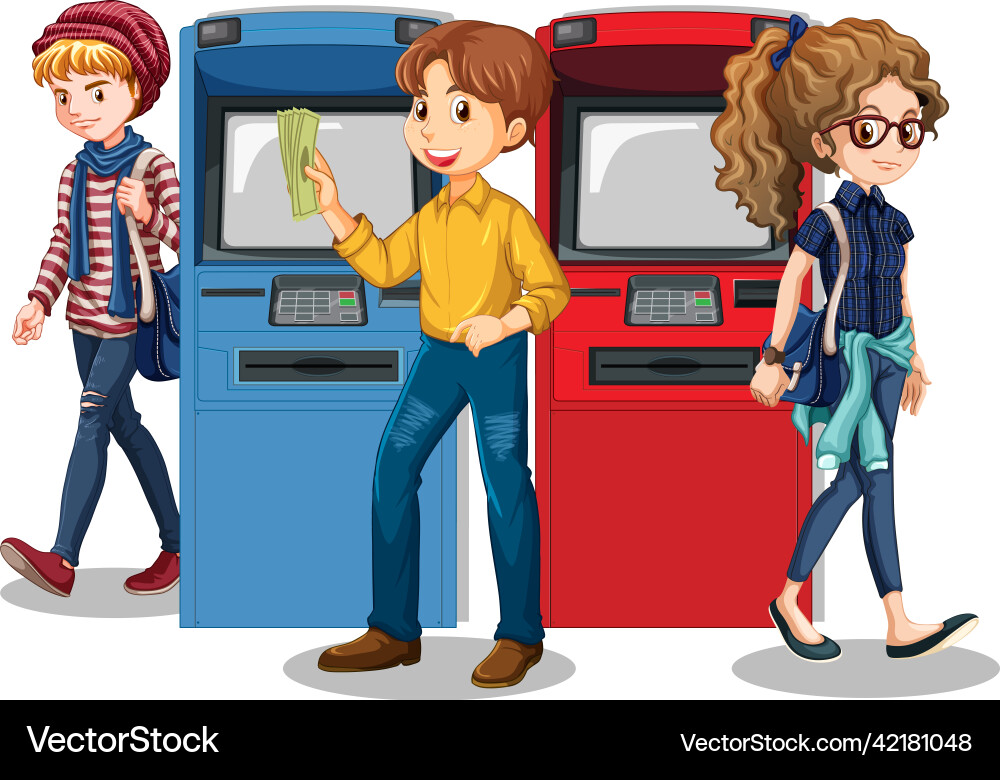 Atm machine with people cartoon character Vector Image