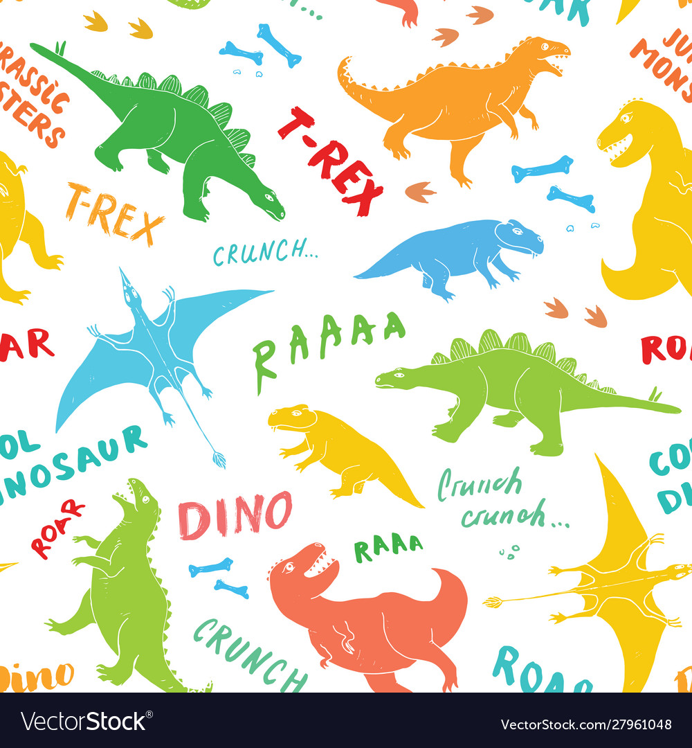 Dino seamless pattern cute cartoon hand drawn Vector Image