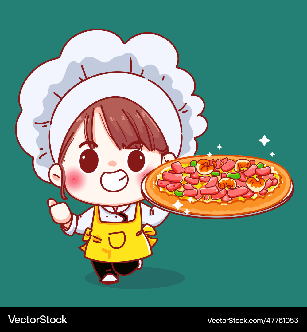 Cute chef holding a pizza cartoon Royalty Free Vector Image