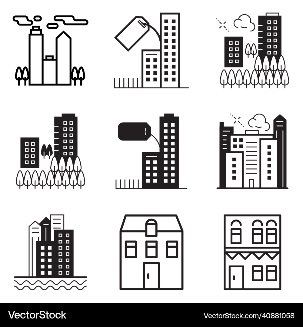 City buildings flat icon set isolated Royalty Free Vector