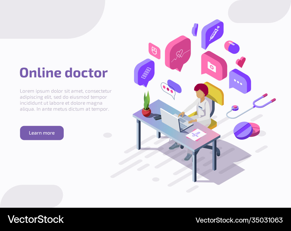 Isometric online doctor remotely providing Vector Image