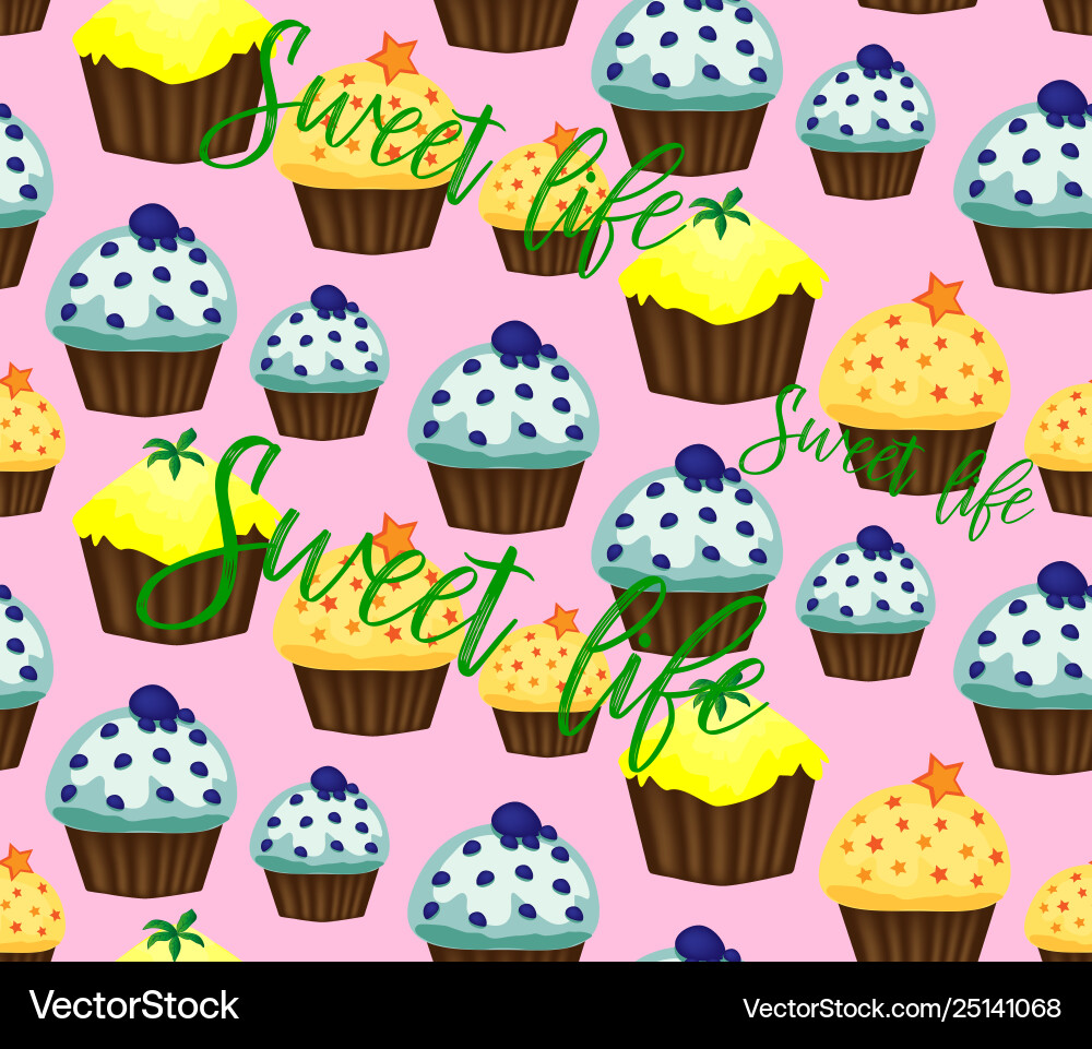 Muffin or cake with cream and cherry colored flat Vector Image