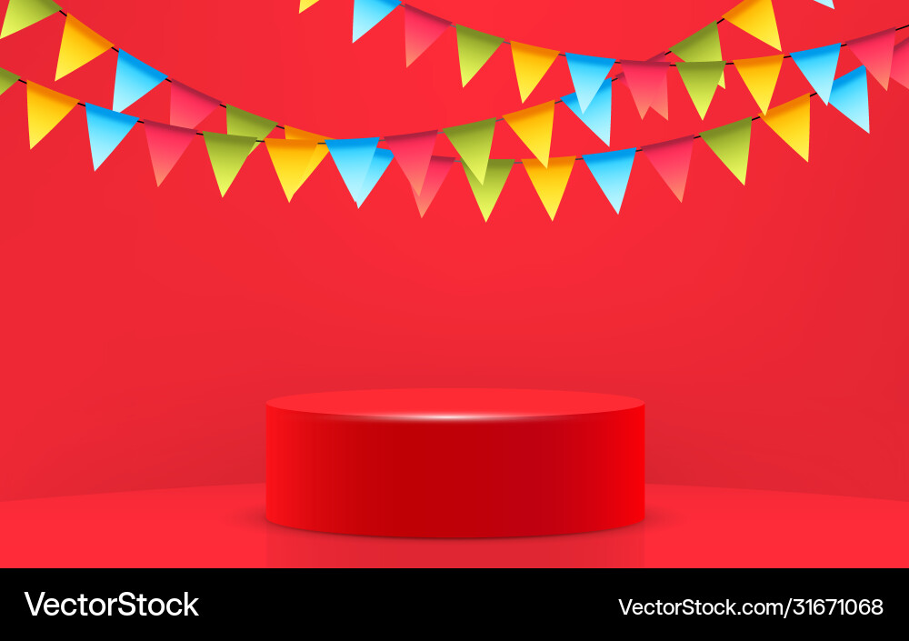 Red podium and colorful hanging flags Royalty Free Vector