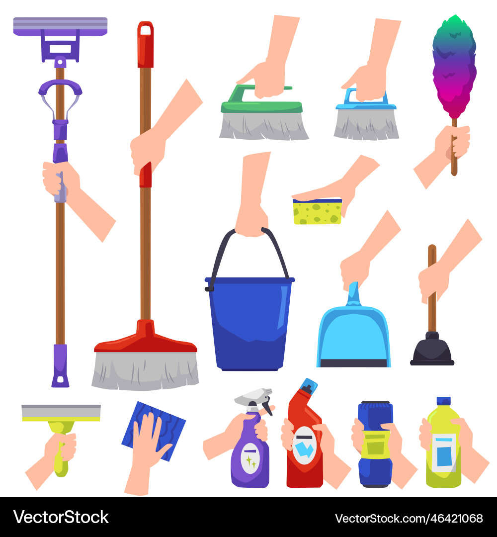 Set of human hands holding different cleaning Vector Image