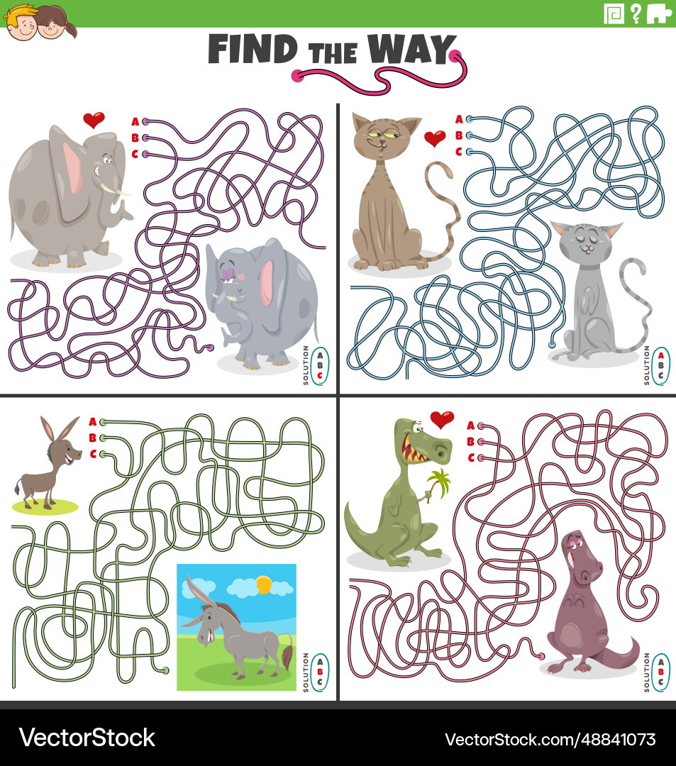 Maze activities set with funny animal characters Vector Image