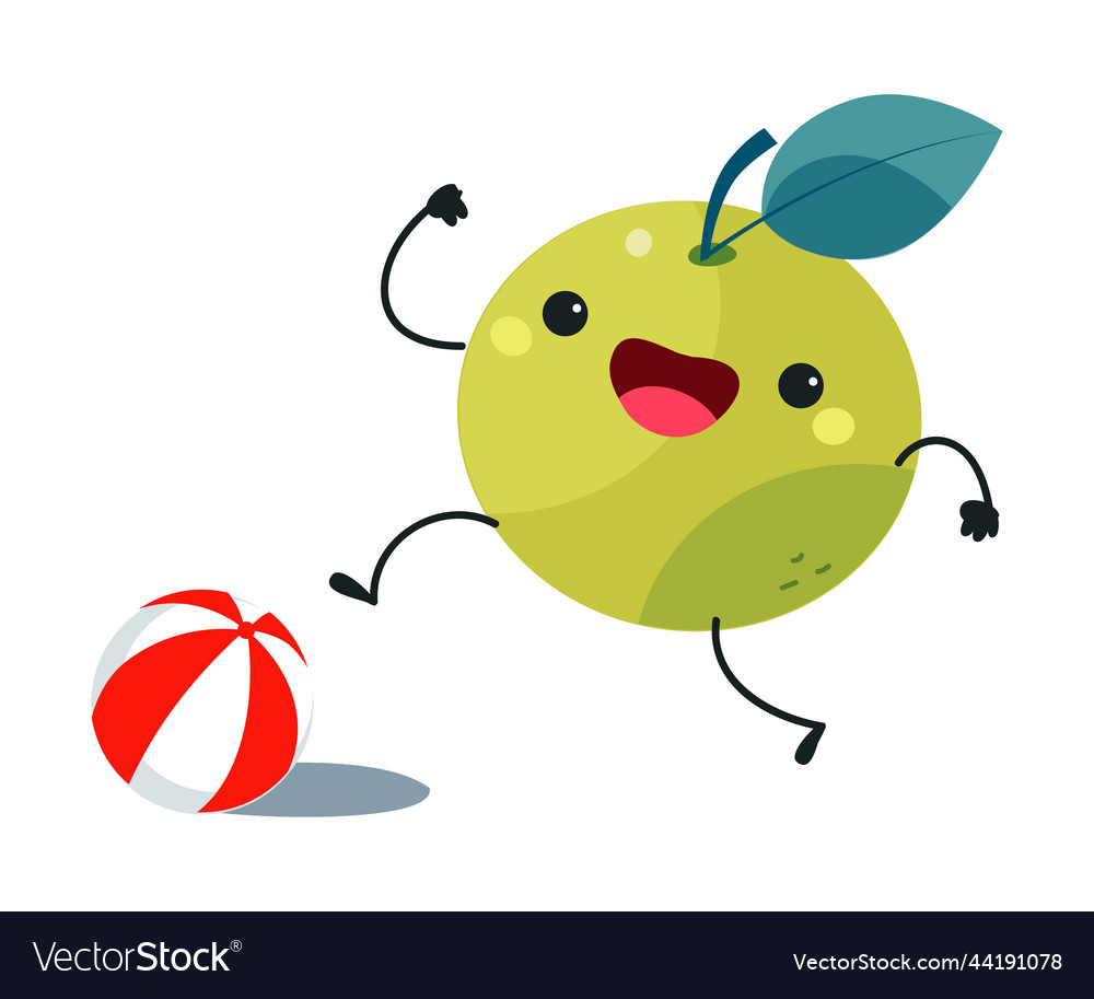 Green apple as summer fruit character playing ball
