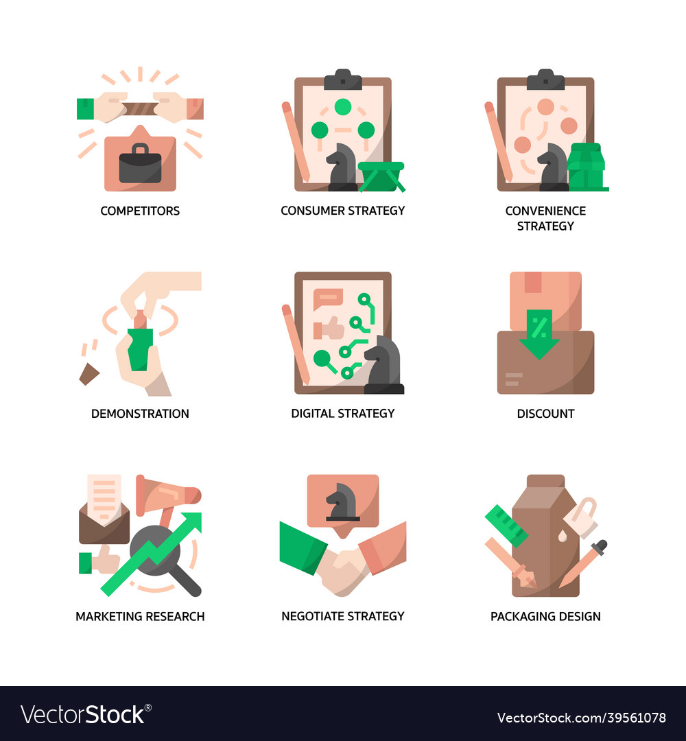 Marketing strategy icons set Royalty Free Vector Image