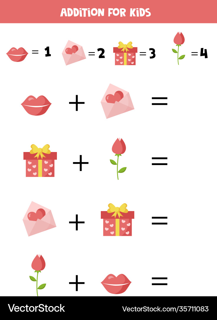 Addition for kids with cartoon valentine elements Vector Image