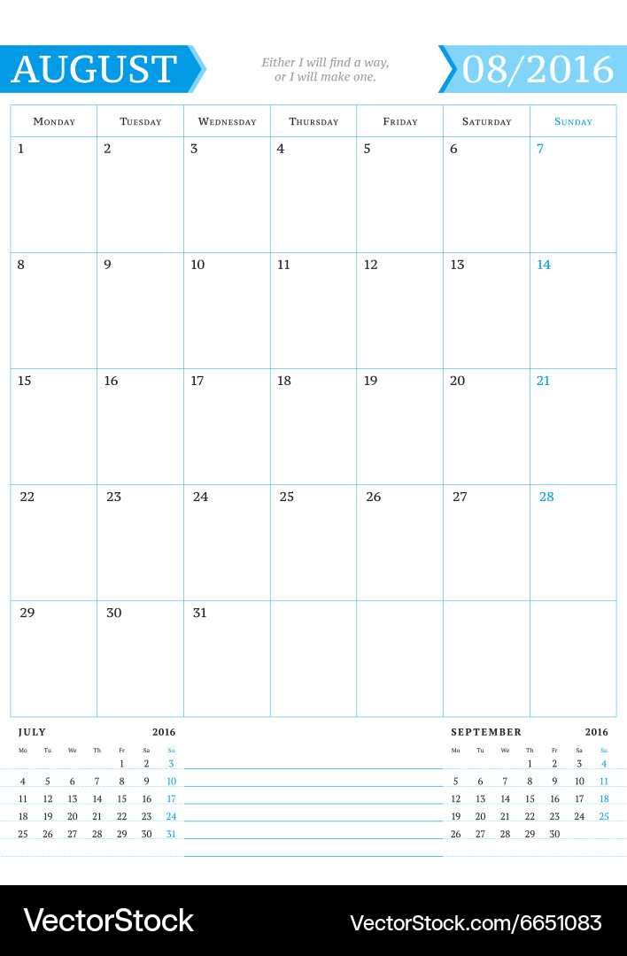 August 2016 monthly calendar planner for year Vector Image
