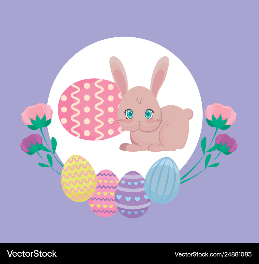 Cute rabbit with eggs easter and flowers Vector Image