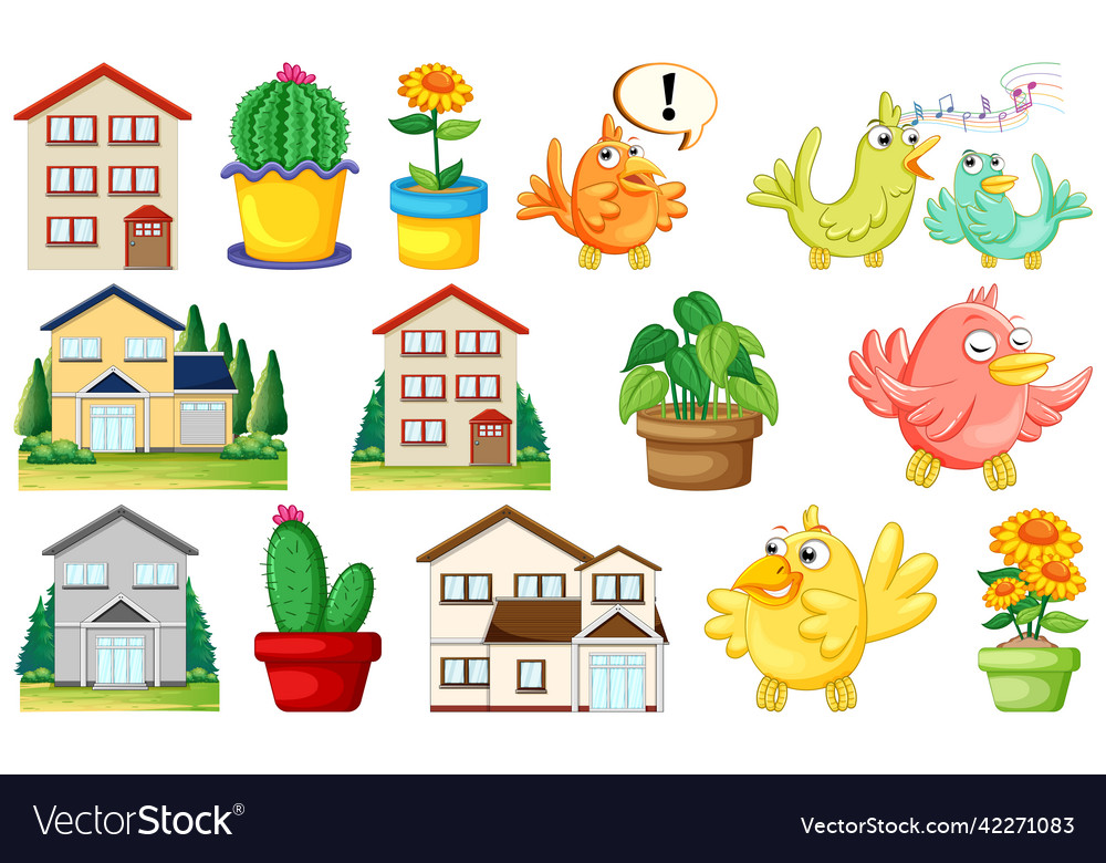 Different house designs and cute birds Royalty Free Vector