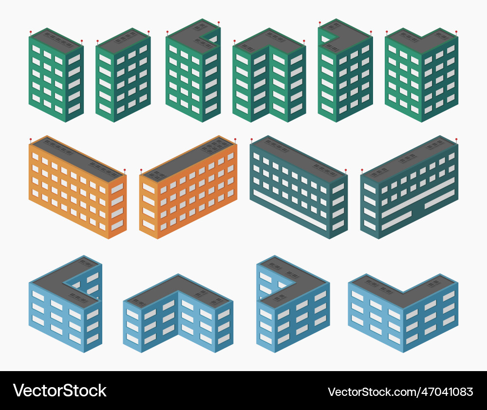 Isometric city apartment office building set Vector Image