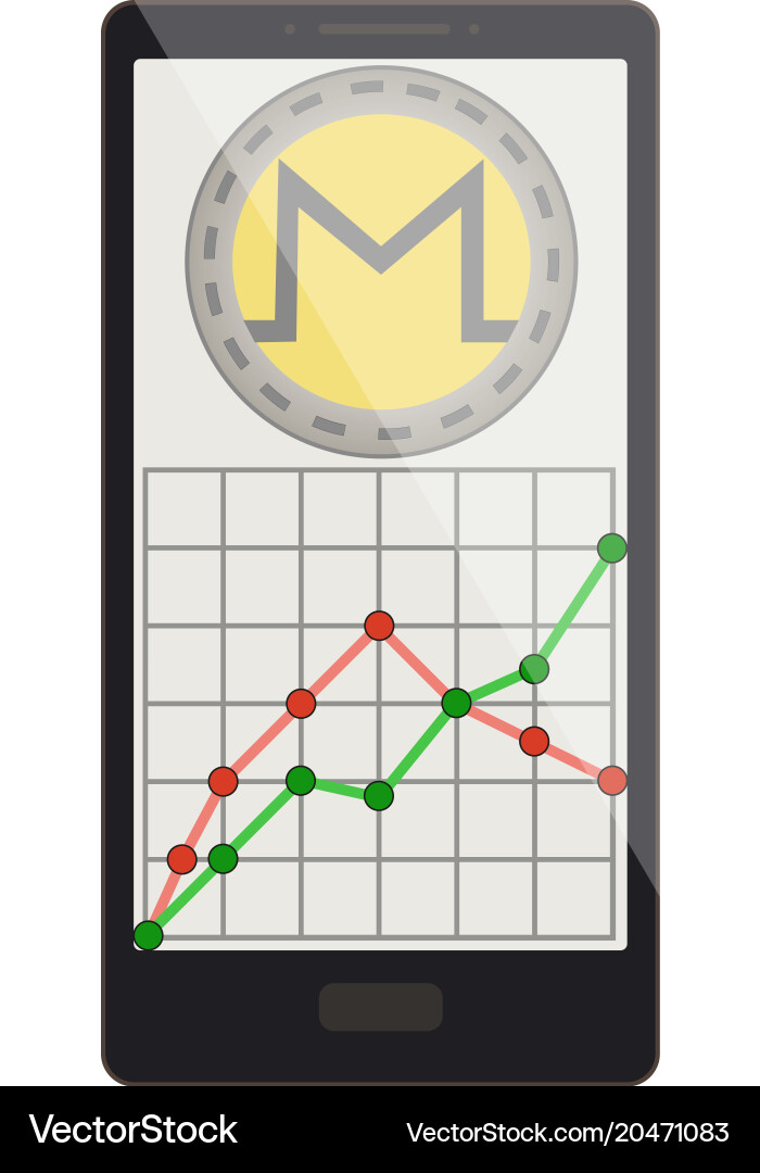 Monero coin with growth graph on a phone screen Vector Image