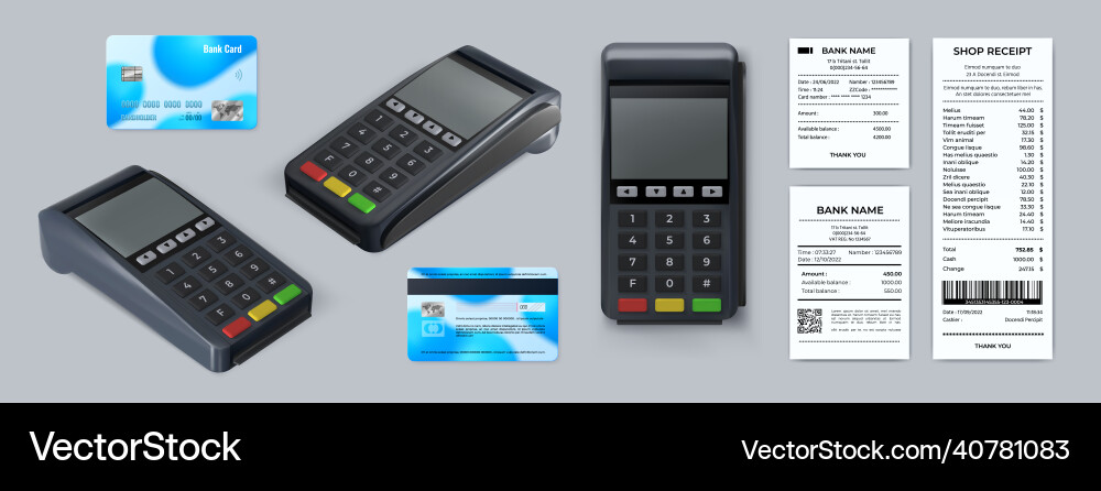 Realistic 3d pos machine top view credit cards Vector Image
