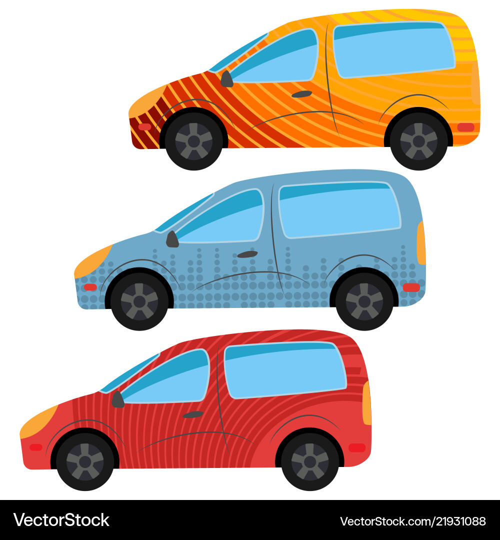 A set three cars painted in different colors Vector Image