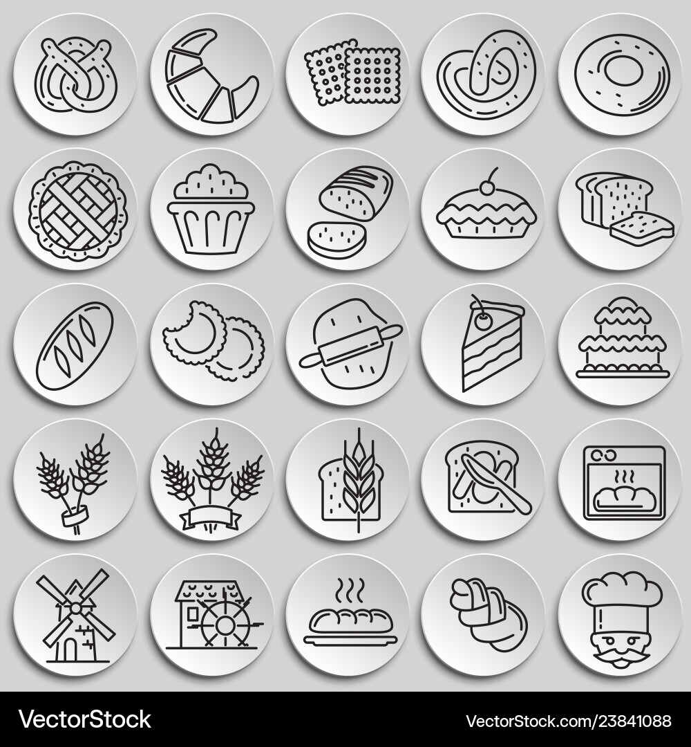Bakery outline icons set on plates background Vector Image