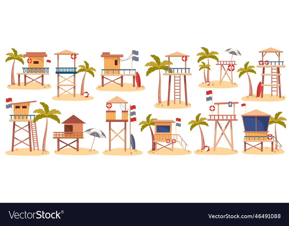 Lifeguard stations flat set wooden Royalty Free Vector Image