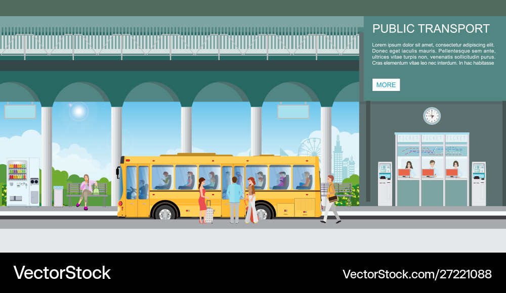 People getting on bus at bus terminal Royalty Free Vector