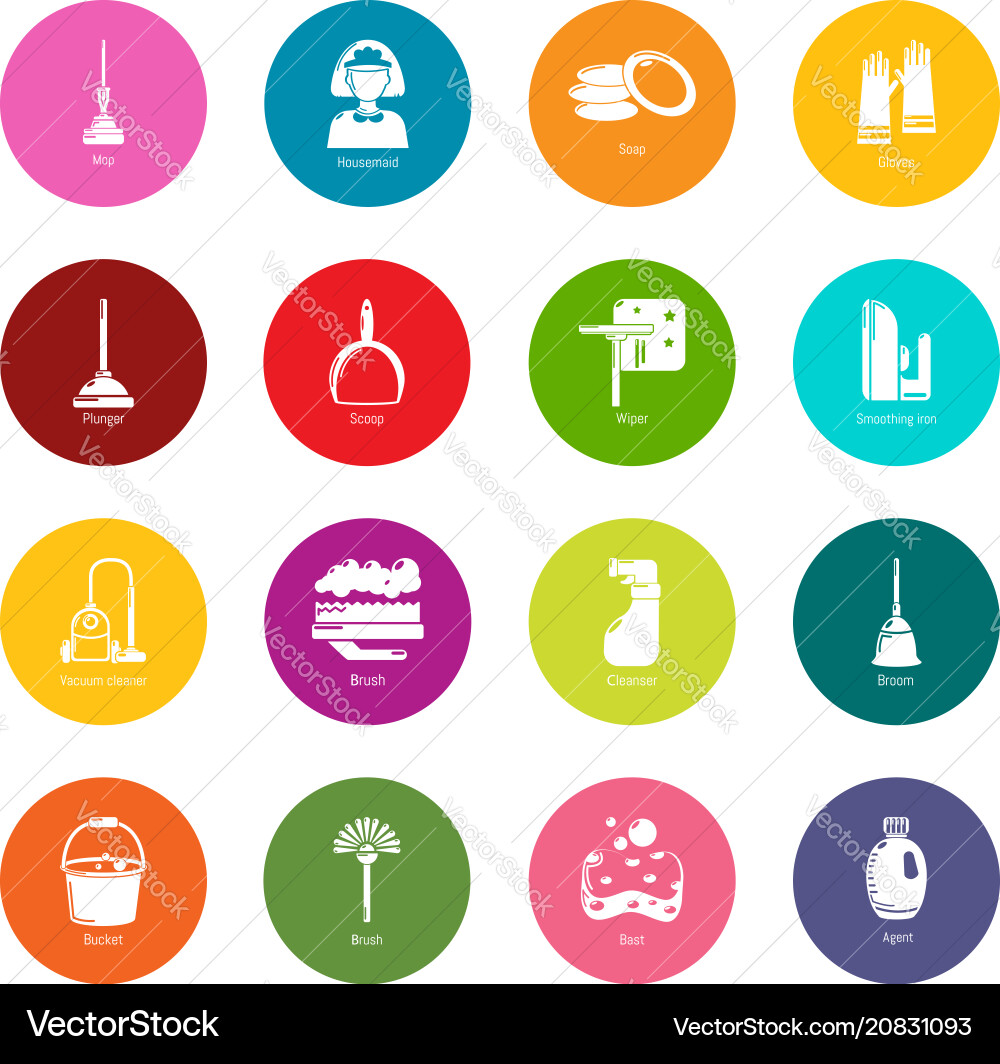 Cleaning tools icons set colorful circles Vector Image