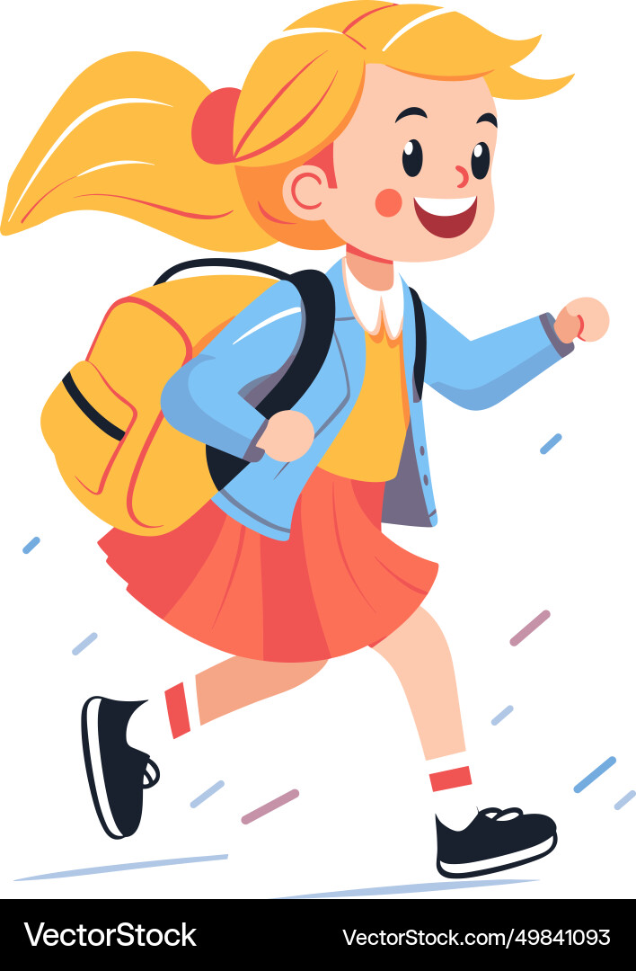Happy young girl running with a backpack Vector Image