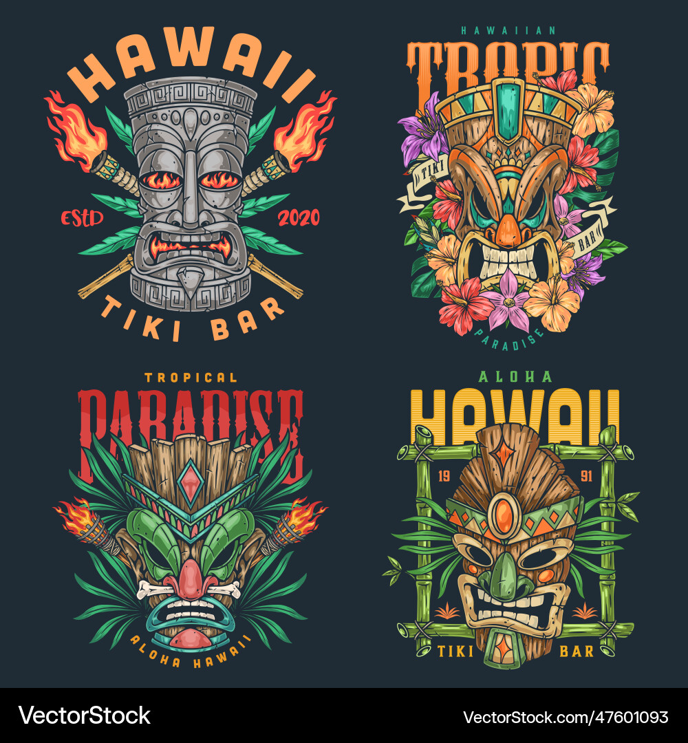Hawaiian tiki colorful set posters Royalty Free Vector Image