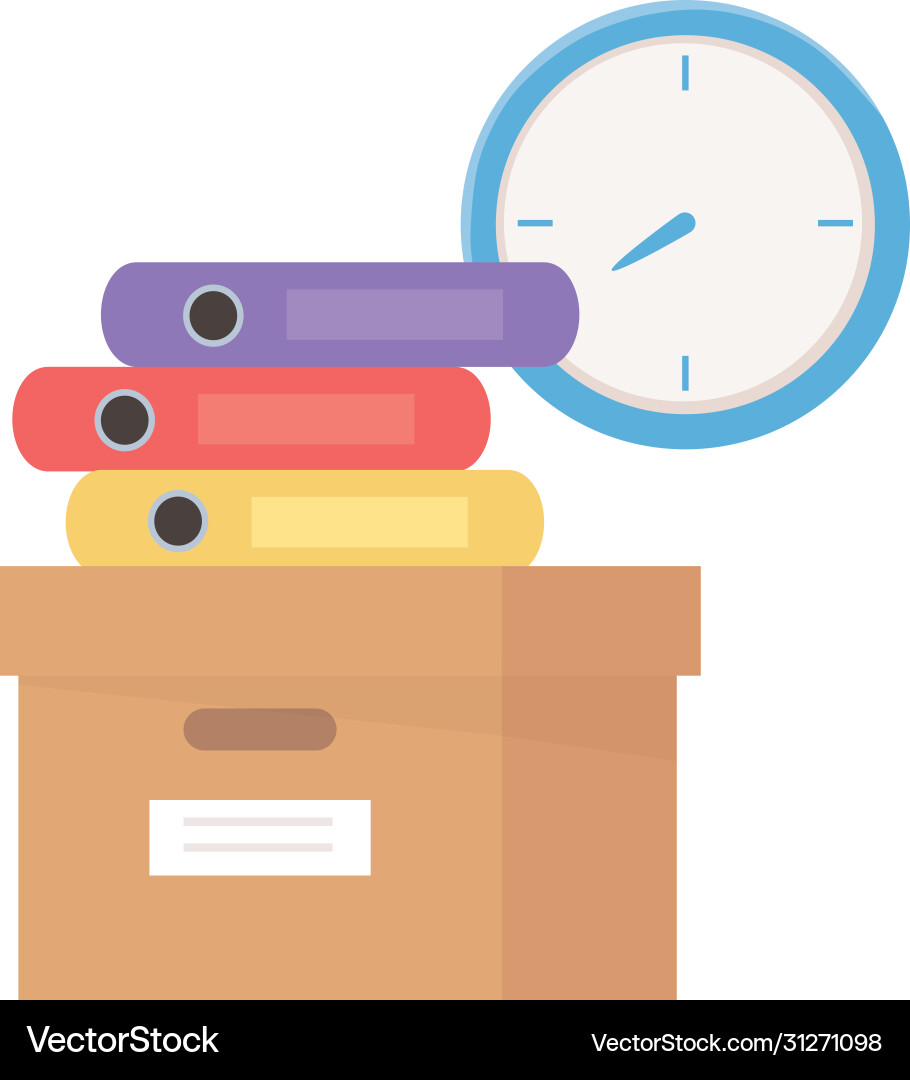 Cardboard box with books and clock office isolated