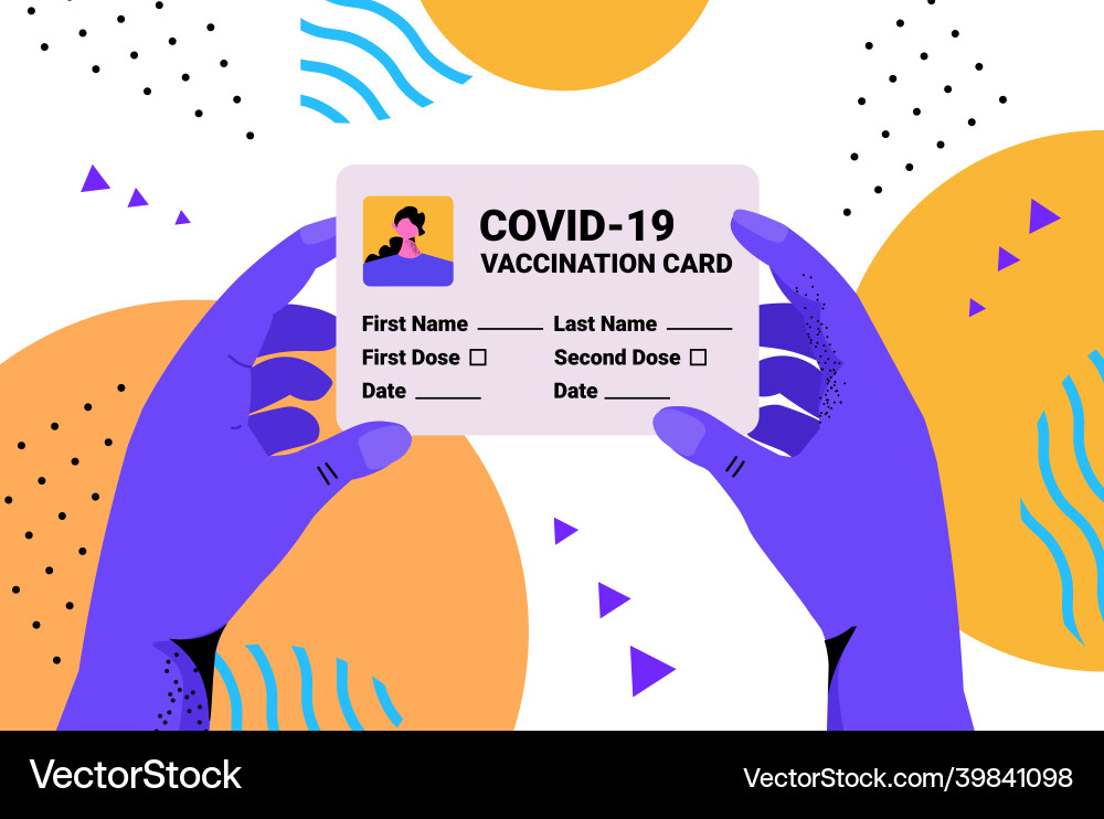Hands holding covid-19 vaccination record card Vector Image