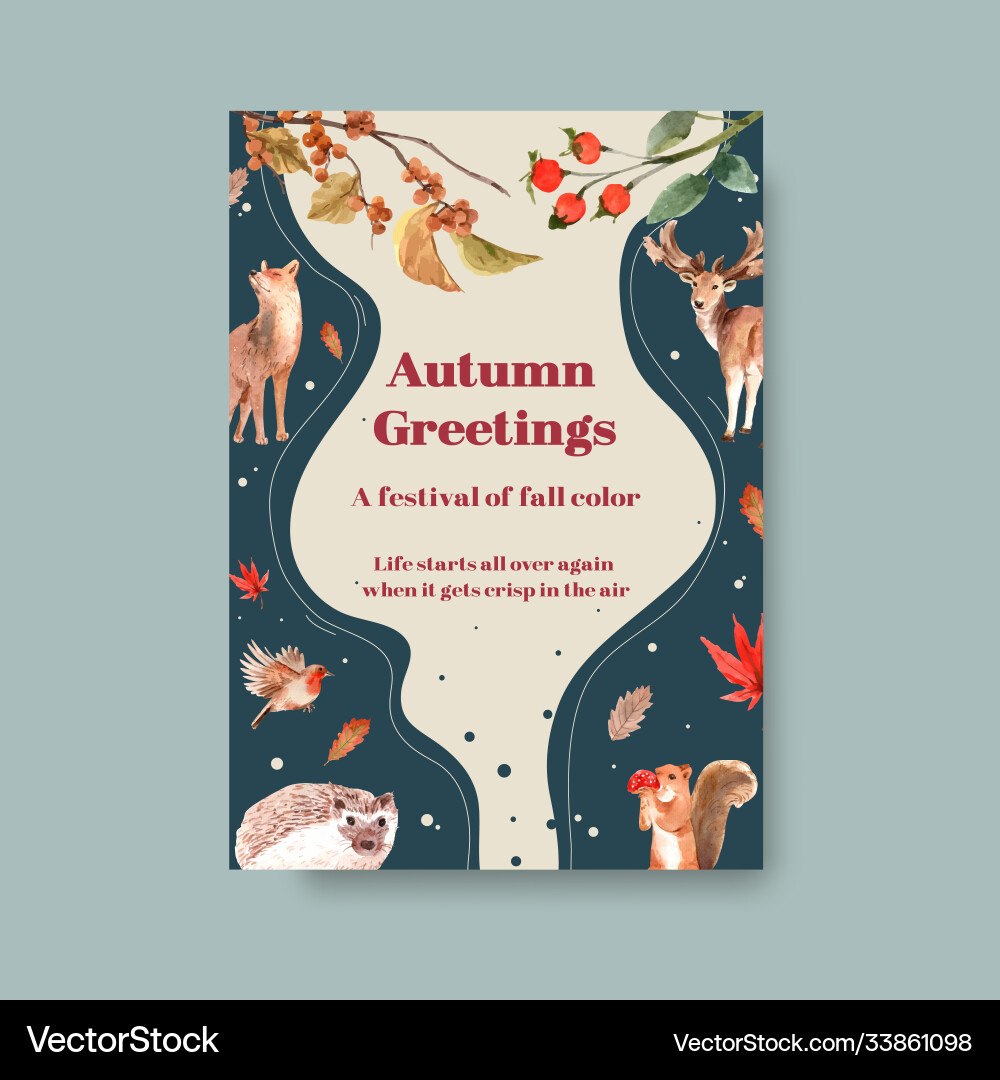 Poster template with autumn forest and animals Vector Image