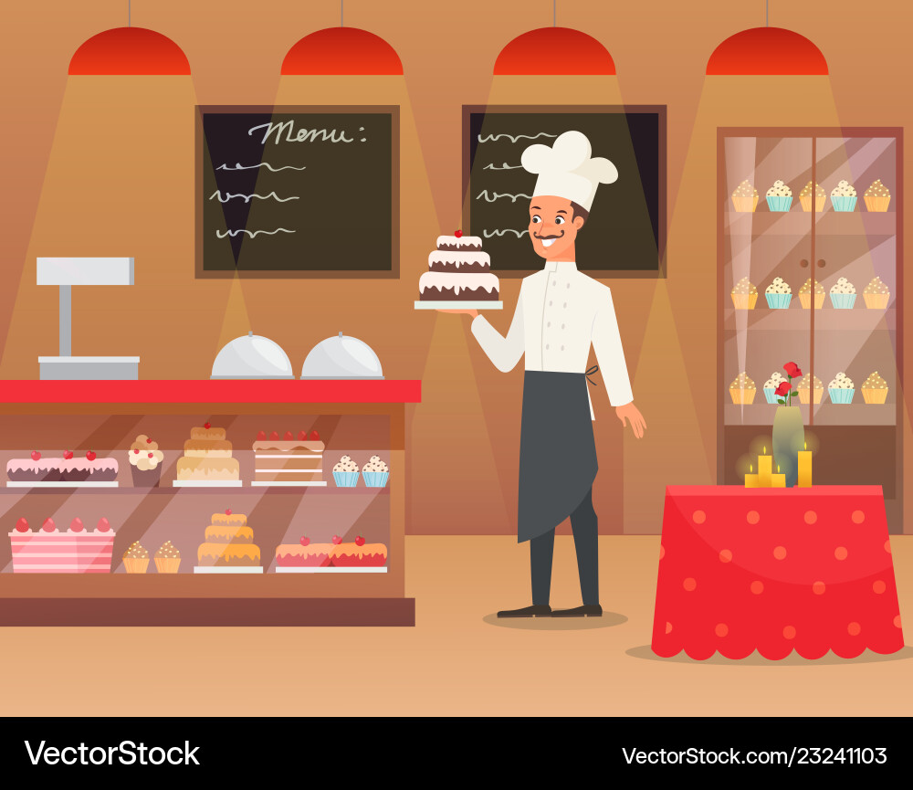 An interior of bakery with man Royalty Free Vector Image