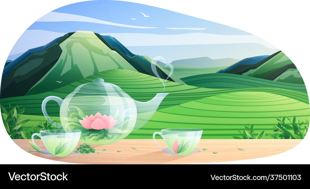 Green tea hills composition Royalty Free Vector Image