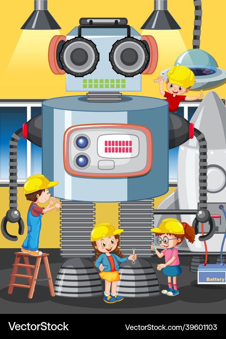 Scene with children building robot together Vector Image