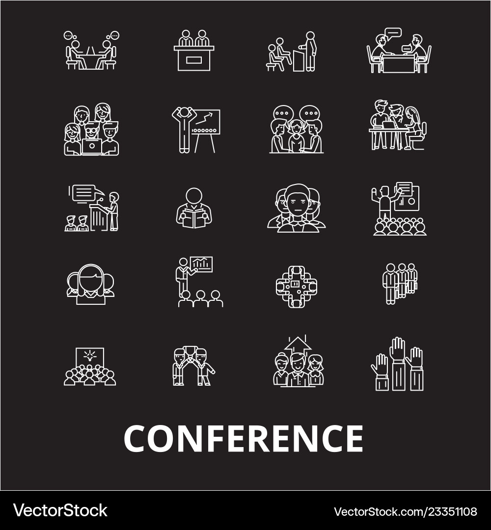 Conference editable line icons set on black Vector Image