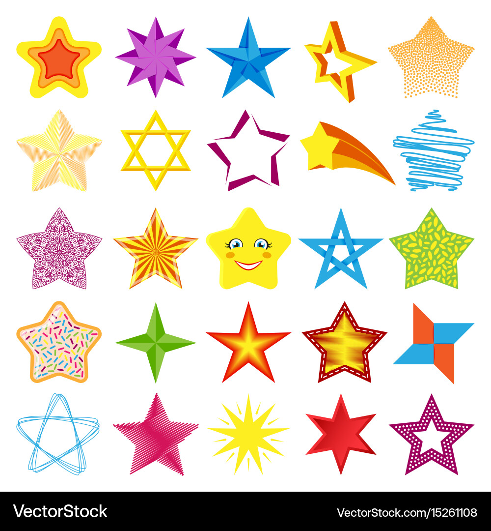 Different style shape silhouette shiny star icons Vector Image