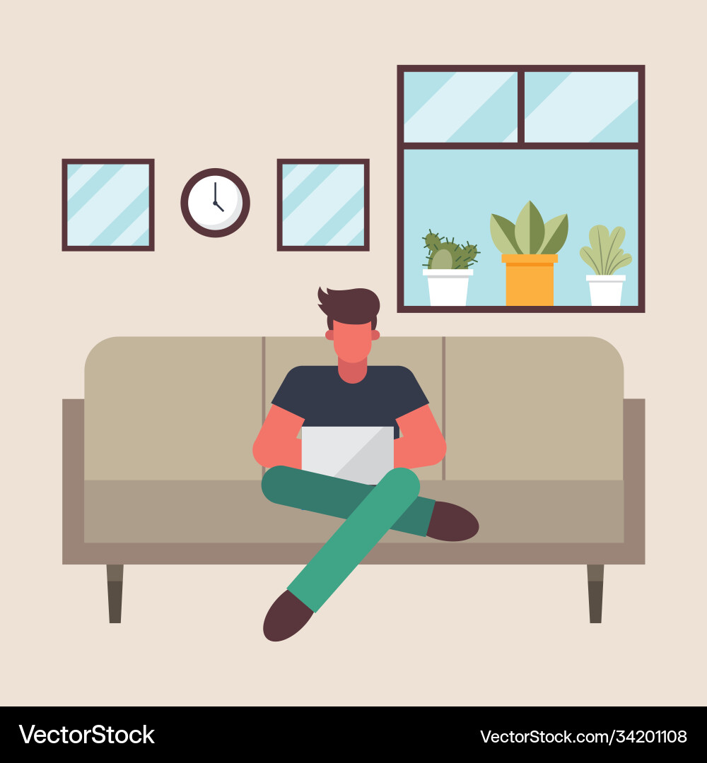 Man with laptop working on couch from home Vector Image