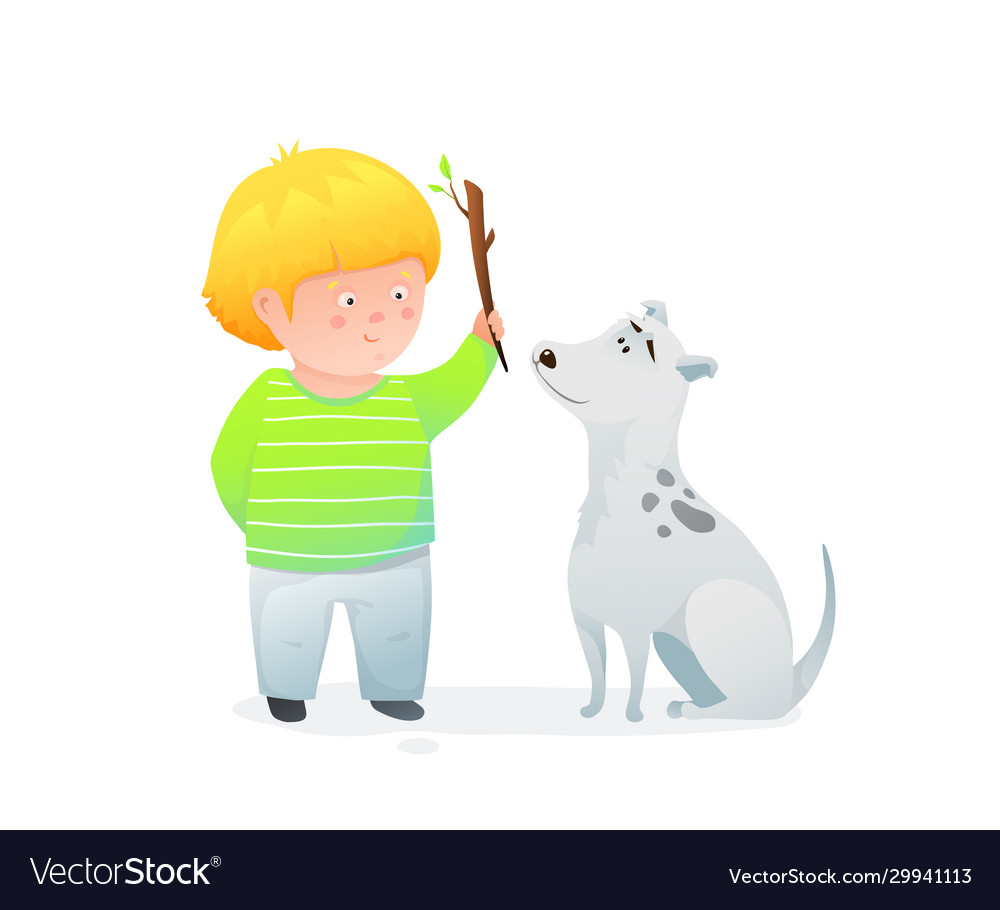 Adorable little boy and his curious puppy dog Vector Image