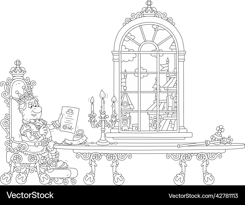 Angry king signing a royal decree Royalty Free Vector Image
