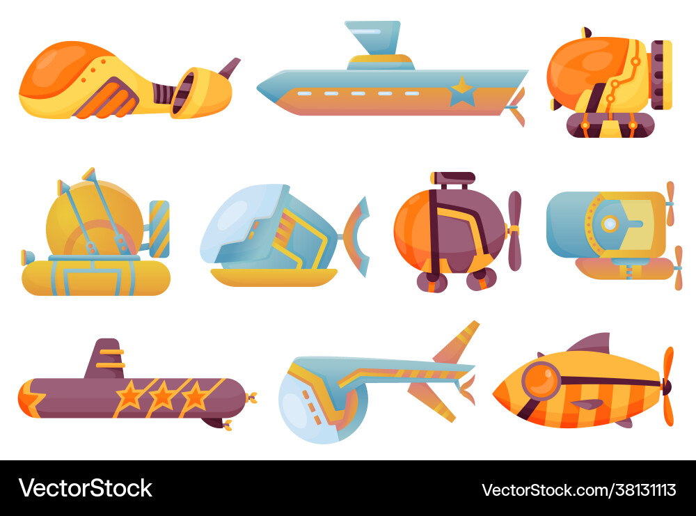 Collection submarines undersea cute cartoon Vector Image