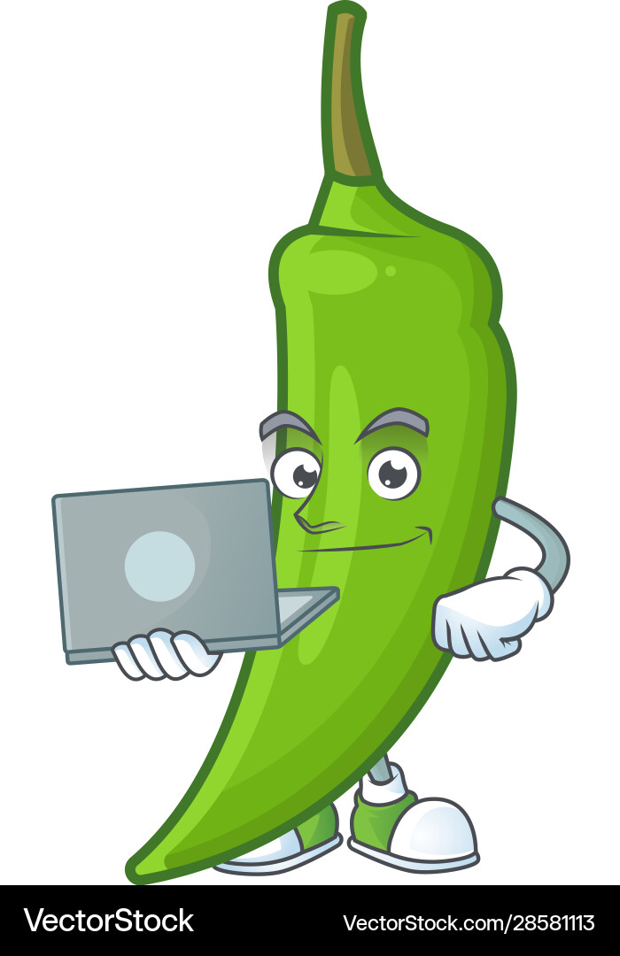 Smart green chili cartoon character working Vector Image