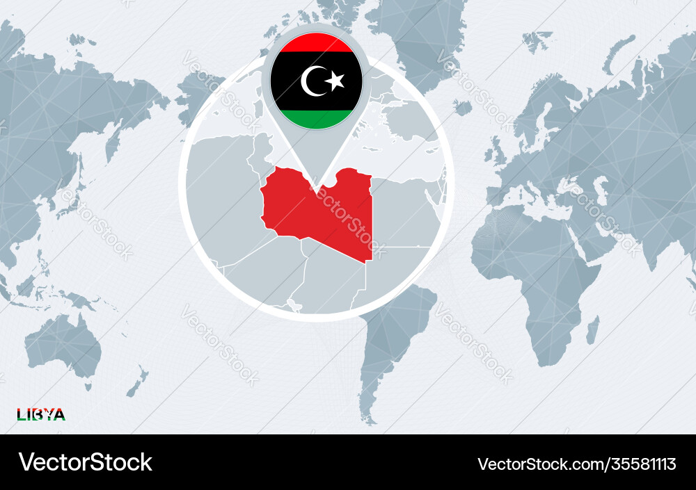 World map centered on america with magnified libya