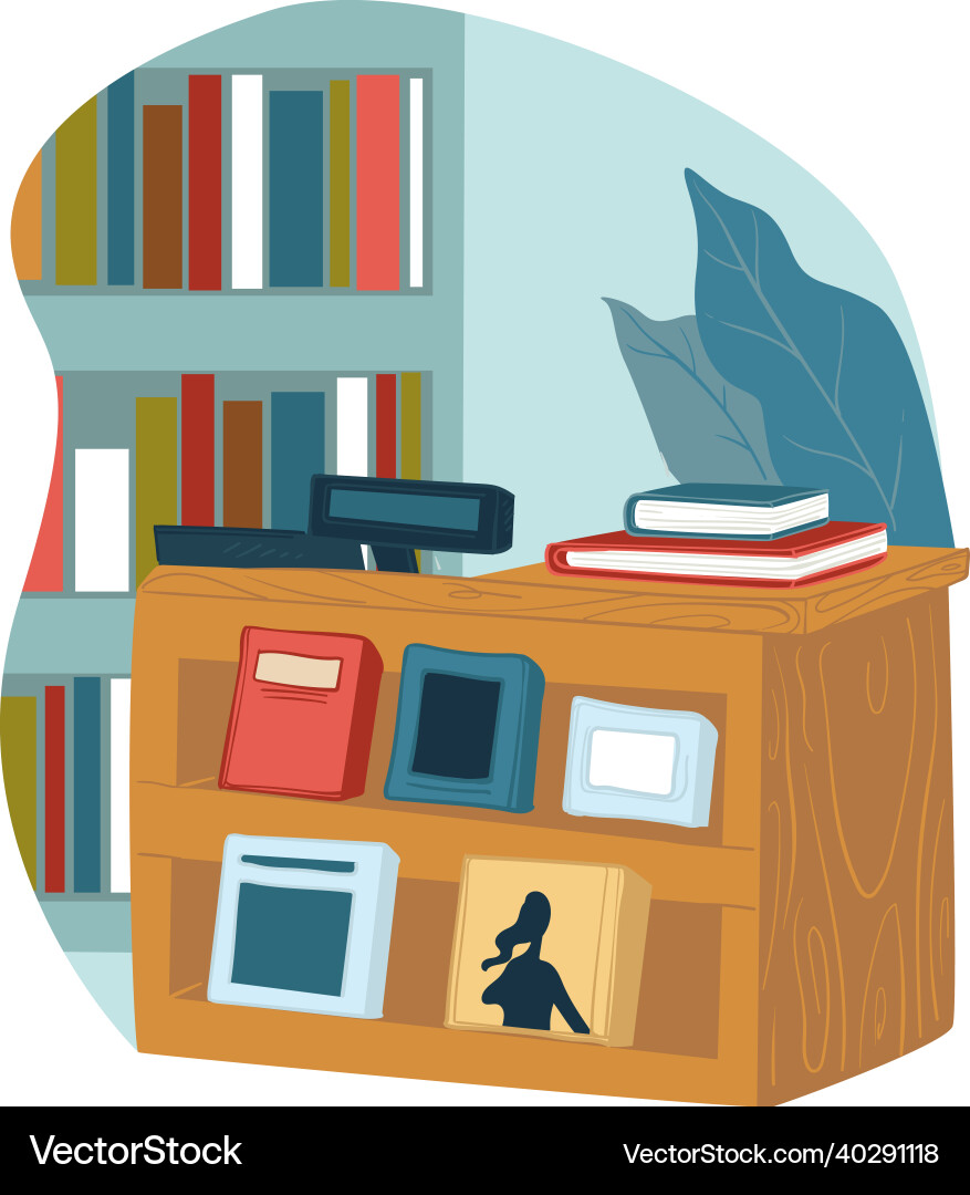Bookstore counter shop with publication Royalty Free Vector