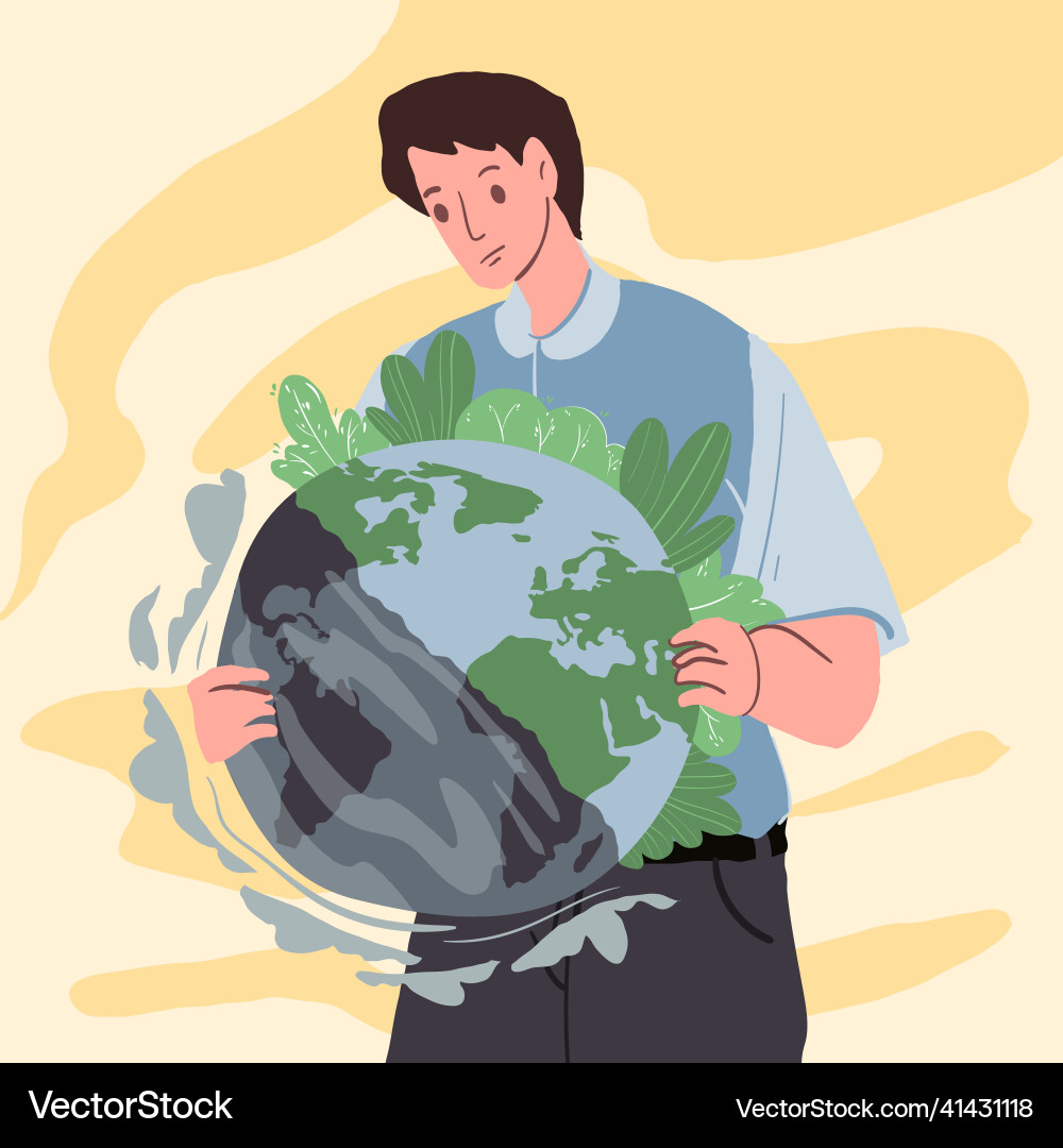 Flat cartoon man character hold planet earth Vector Image