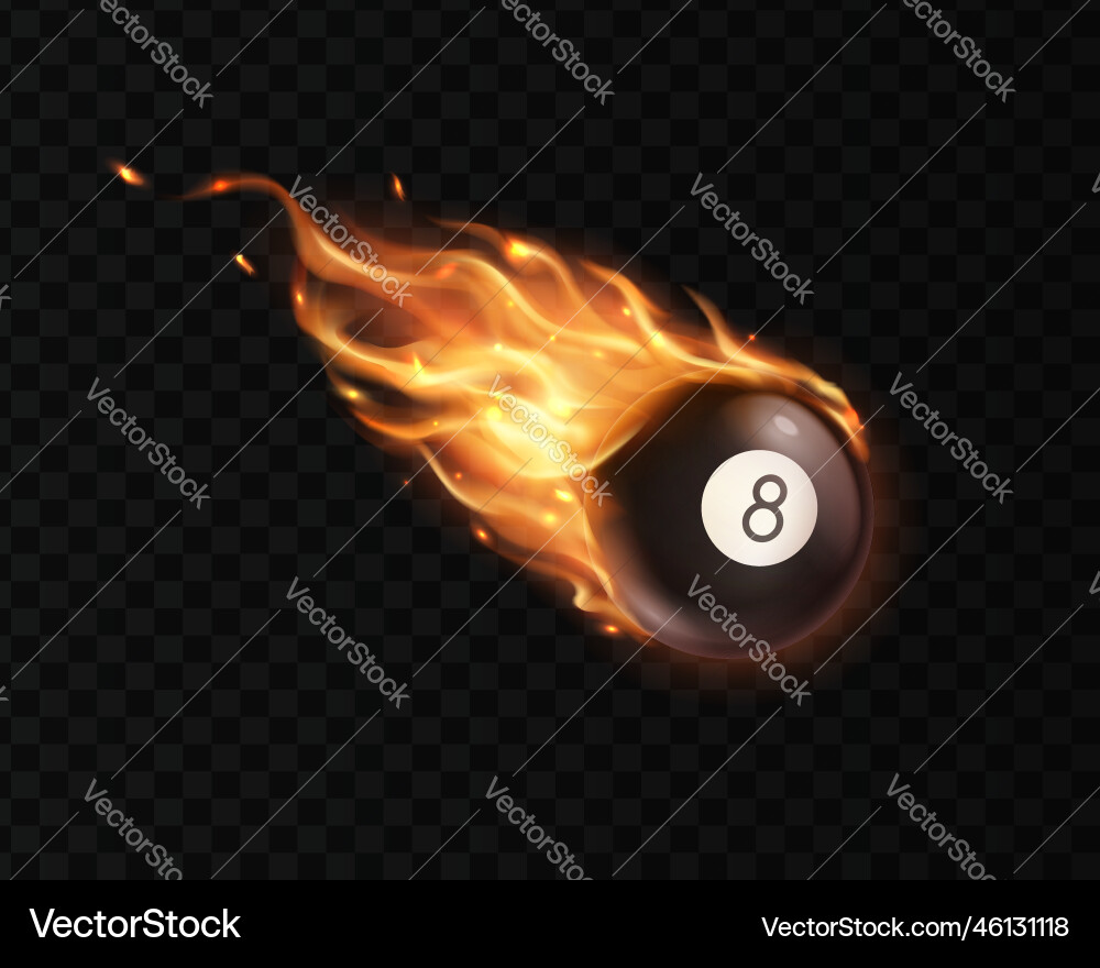 Flying billiards eight ball with fire flame trails