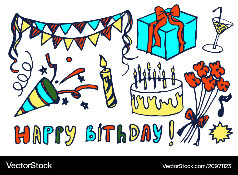 Happy birthday set hand drawn Royalty Free Vector Image