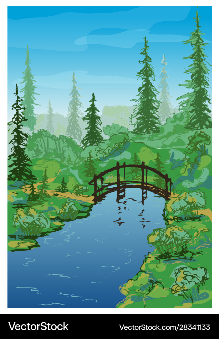 Forest landscape with a wooden bridge over Vector Image