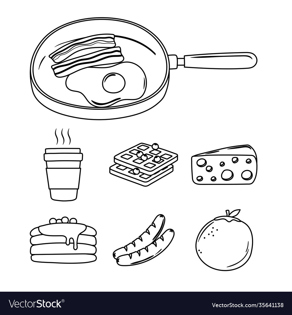 Breakfast icons set fried egg and bacon Royalty Free Vector
