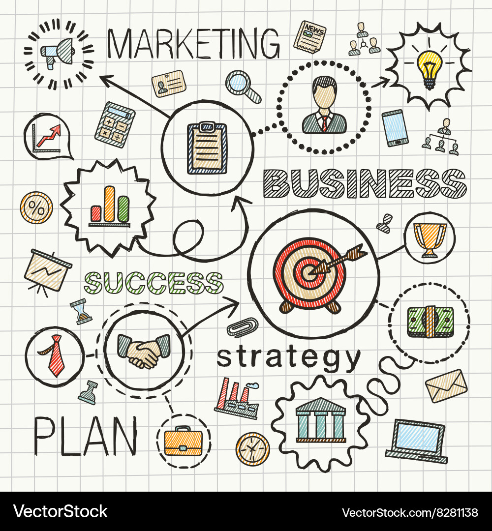 Business connected hand draw icons sketch Vector Image
