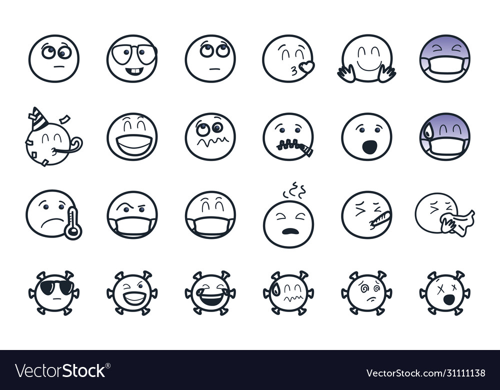 Coronavirus and emojis line style icon set Vector Image