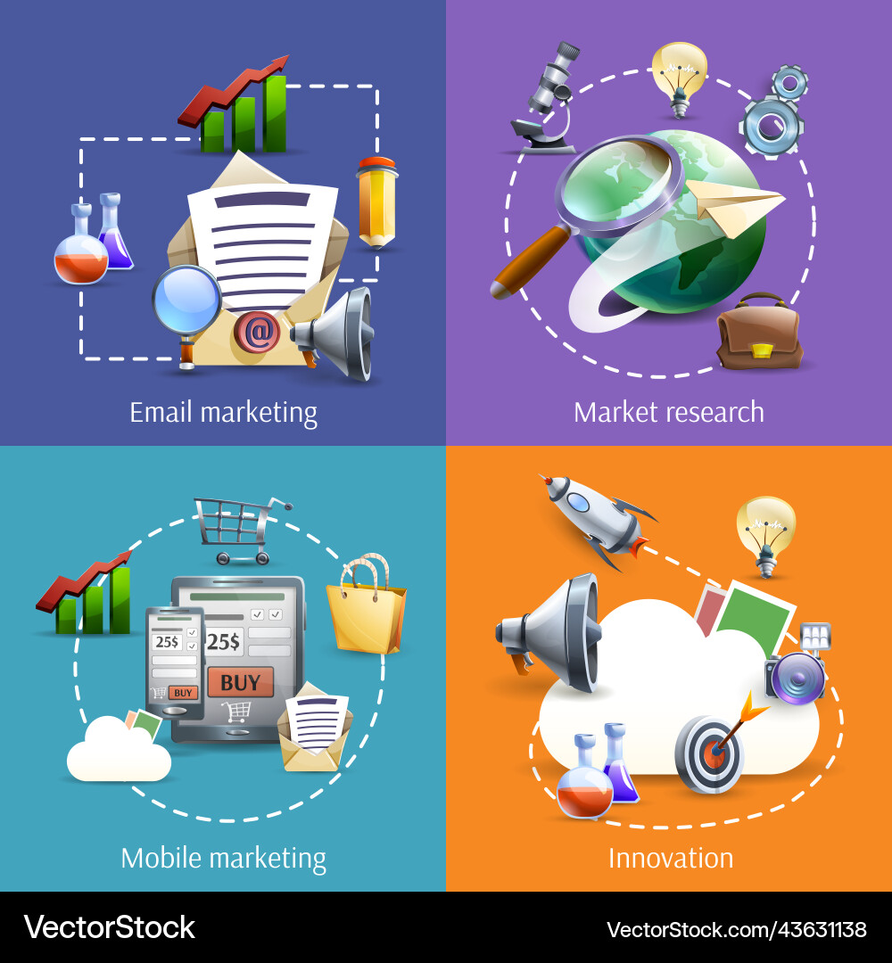 Digital marketing 4 flat icons square Royalty Free Vector